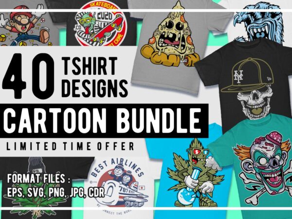 40 Cartoon Tshirt Designs Bundle #1 - Vector T-shirt Designs